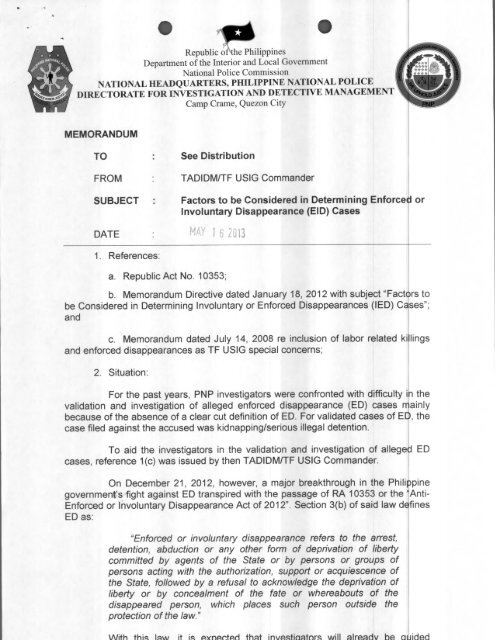 (EID) Cases dtd May 16, 2013 - DIDM - Philippine National Police