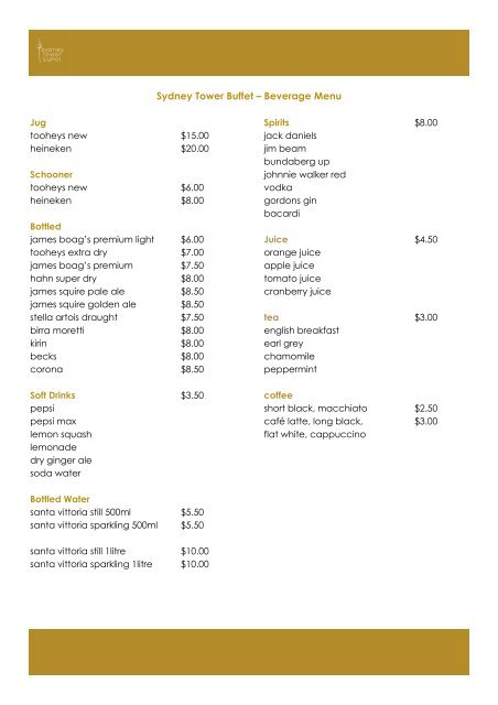 Å Sydney Tower Buffet â Beverage Menu - Trippas White Group