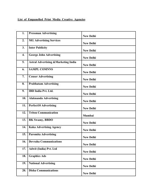 List of Empanelled Print Media Creative Agencies 1. Pressman ... List of Empanelled Print Media Creative Agencies 1. Pressman ...