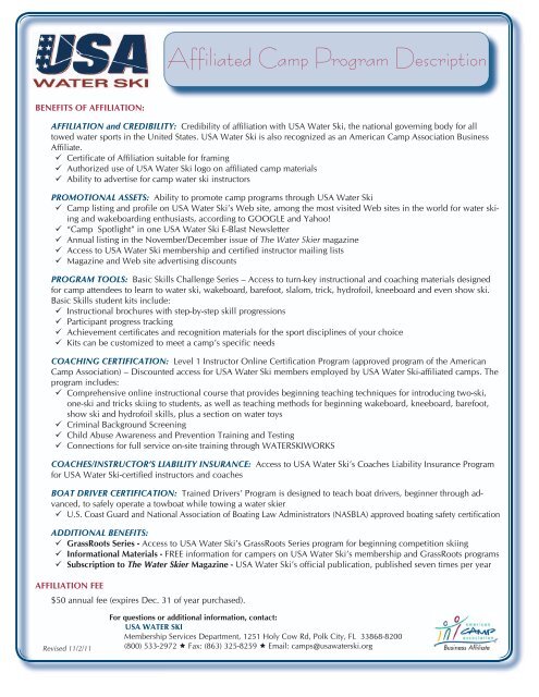 Camp Programs Overview & Application - USA Water Ski