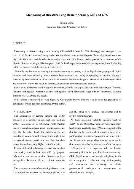 Monitoring of Disasters using Remote Sensing and GIS