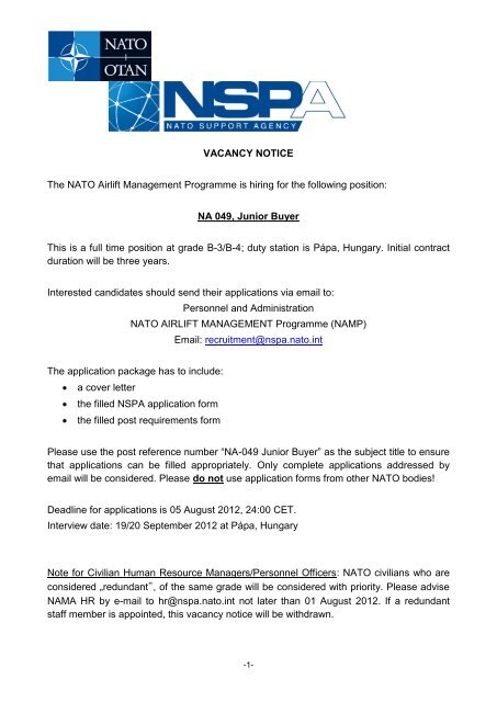 VACANCY NOTICE The NATO Airlift Management ... - NSPA - Nato