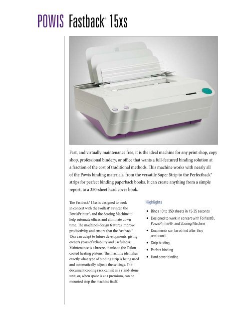 Powis Fastback® 15xs Data Sheet - GBC Binding Machines