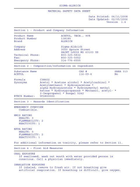 SIGMA-ALDRICH MATERIAL SAFETY DATA SHEET Date Printed ...