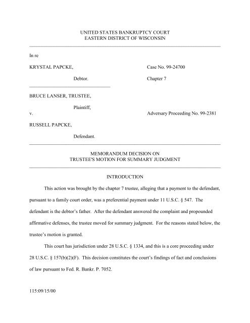 In re Krystal Papcke, Case No. 99-24700, Bruce Lanser, Trustee v ...