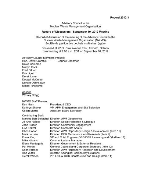 Advisory Council to the - Nuclear Waste Management Organization