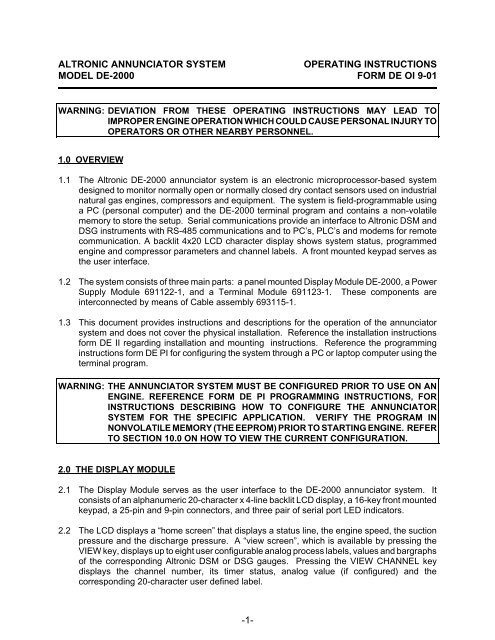altronic annunciator system operating instructions ... - Altronic Inc.