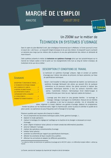 fiche d ' analyse de poste ou de fonction - Le Forem