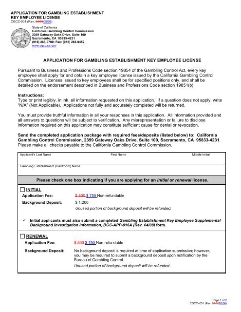 Application for Gambling Establishment Key Employee License ...