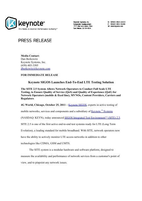 Keynote SIGOS Launches End-To-End LTE Testing Solution