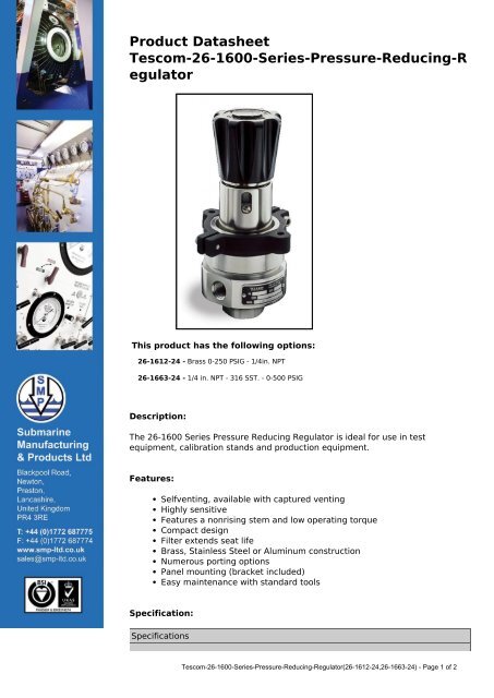 Product Datasheet: Tescom-26-1600-Series-Pressure-Reducing ...