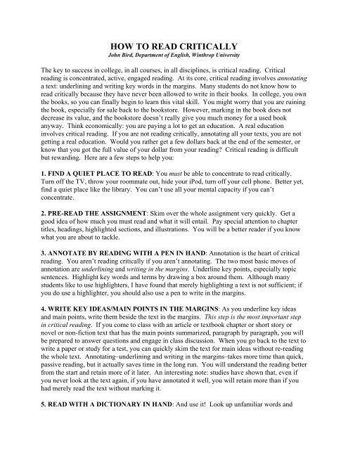 How to Read Critically Handout - Winthrop University