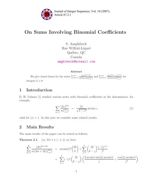 On Sums Involving Binomial Coefficients