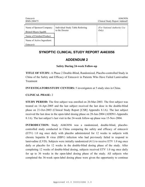 synoptic clinical study report ai463056 addendum 2 - Bristol-Myers ...