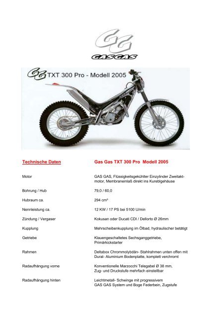 Technische Daten Gas Gas TXT 300 Pro Modell ... - Kivo Trialcenter