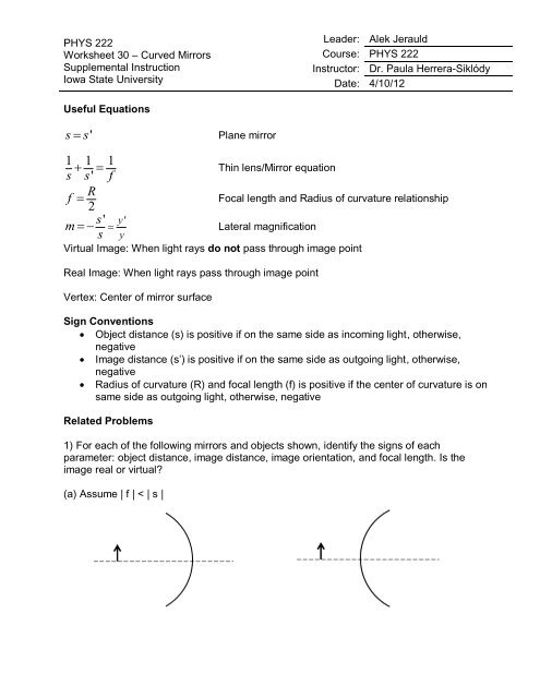 PHYS 222 Worksheet 30 Curved Mirrors - Iowa State University