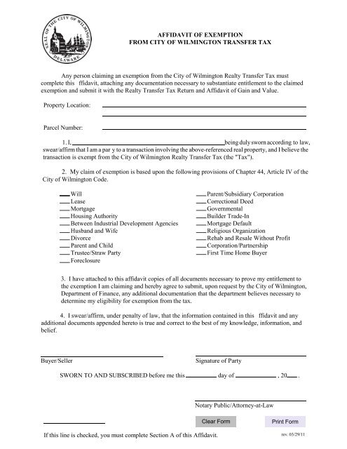 affidavit of exemption from city of wilmington transfer tax