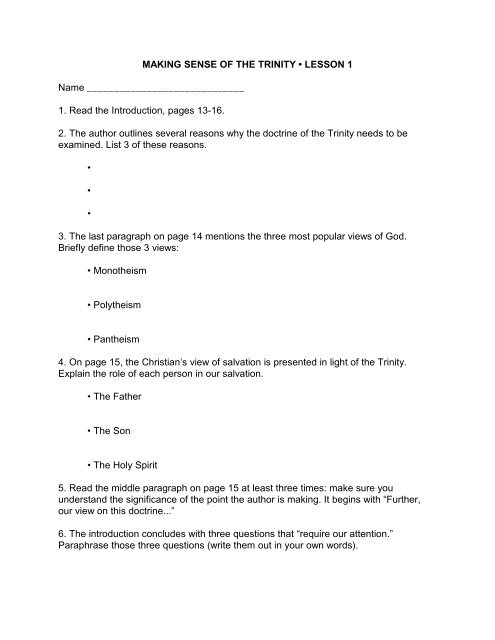 MAKING SENSE OF THE TRINITY â ¢ LESSON 1 Name 1. Read the ...