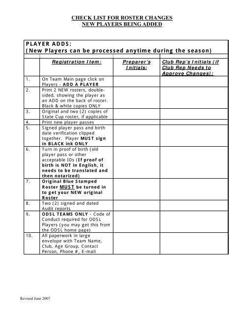 CHECK LIST FOR ROSTER CHANGES - NCSL