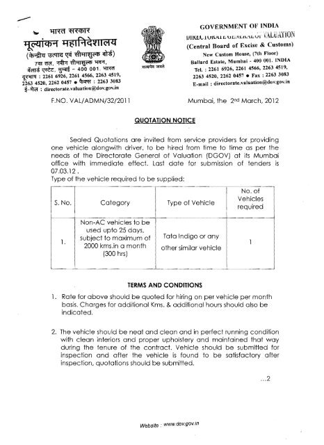 Quotation Notice for hiring Vehicle - Directorate General of Valuation