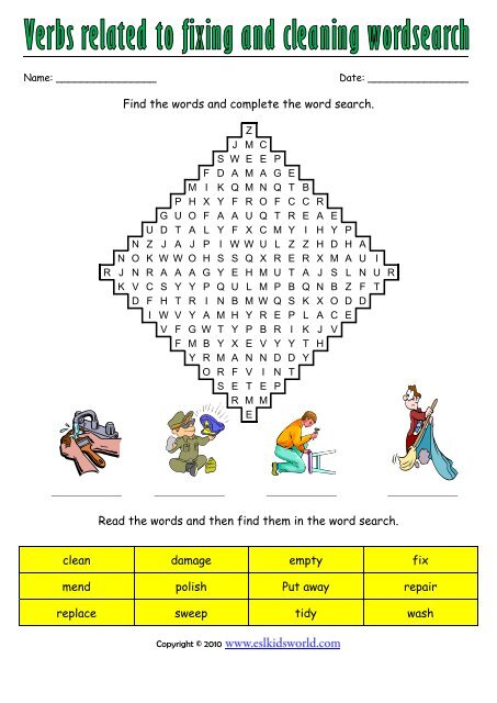 Wordsearch verbs related to cleaning and fixing ... - ESL Kids World
