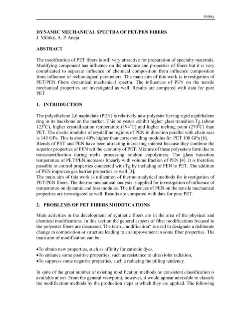 DYNAMIC MECHANICAL SPECTRA OF PET/PEN ... - Centrum Textil DYNAMIC MECHANICAL SPECTRA OF PET/PEN ... - Centrum Textil