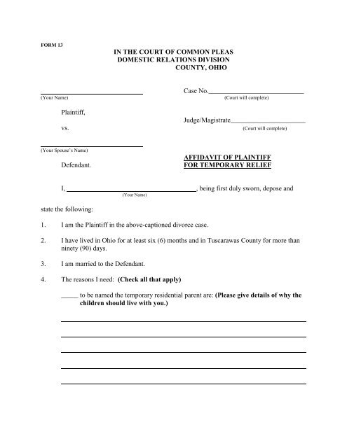 Affidavit of Plaintiff for Temporary Relief - LegalFill