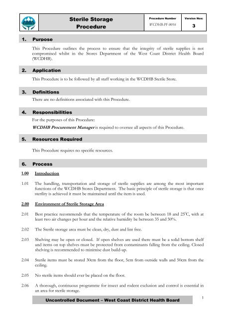 Sterile Storage Procedure - West Coast District Health Board