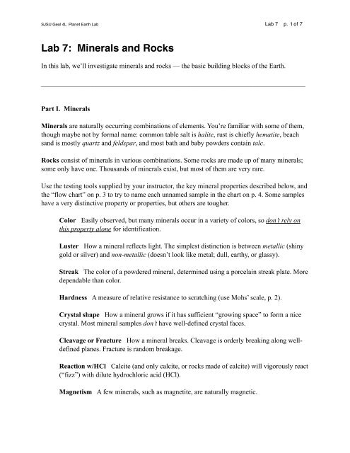 Lab 7: Minerals and Rocks
