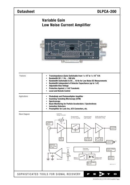 Datasheet DLPCA-200 Variable Gain Low Noise Current Amplifier
