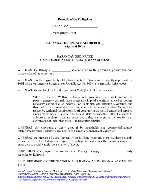 BARANGAY ORDINANCE NUMBERED BARANGAY ORDINANCE NUMBERED