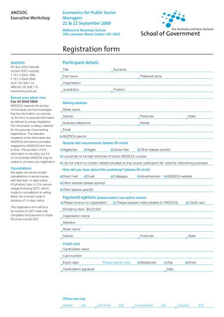 Registration form - Australia and New Zealand School of Government