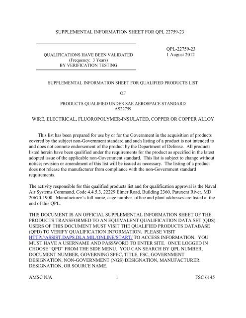 SUPPLEMENTAL INFORMATION SHEET FOR QPL ... - NAVAIR