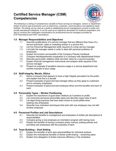 Certified Service Manager (CSM) Competencies ... - ETA International