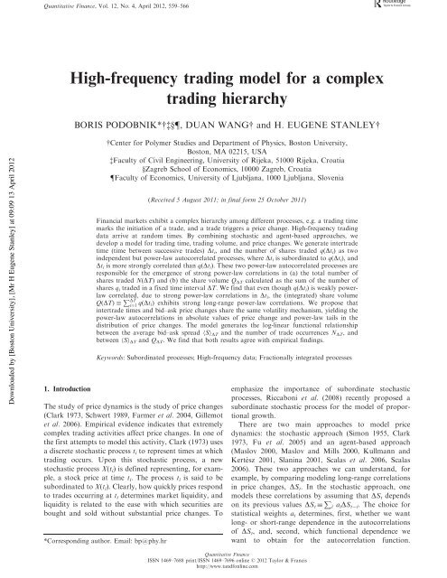High-frequency trading model for a complex trading hierarchy