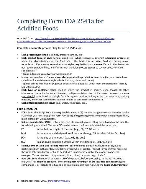 Completing Form FDA 2541a for Acidified Foods