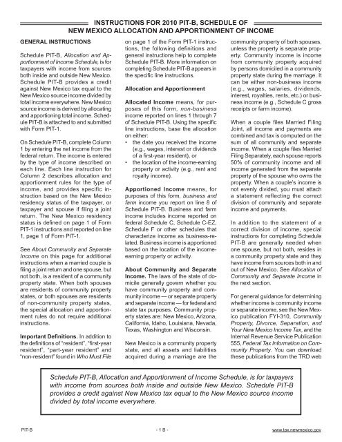 INSTRUCTIONS FOR 2010 PIT-B, SCHEDULE OF NEW MEXICO ...