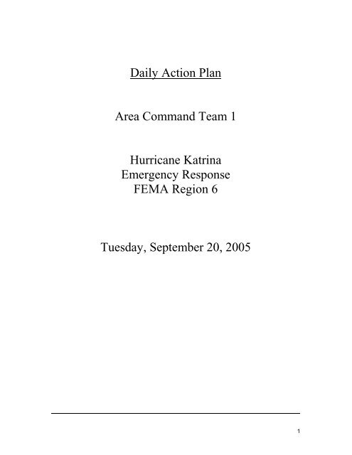 Daily Action Plan Area Command Team 1 Hurricane Katrina ...