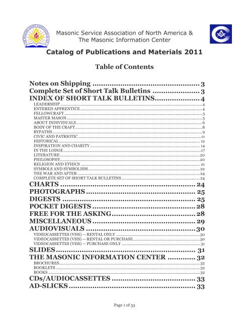 Short Talk Bulletins Catalog - Masonic Service Association of North ...