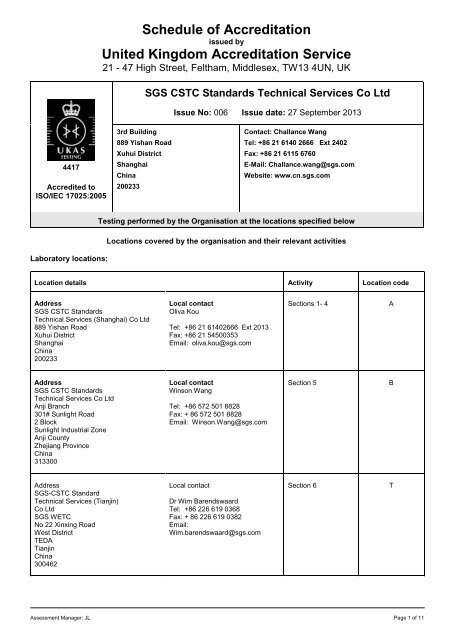 Schedule of Accreditation United Kingdom Accreditation ... - UKAS