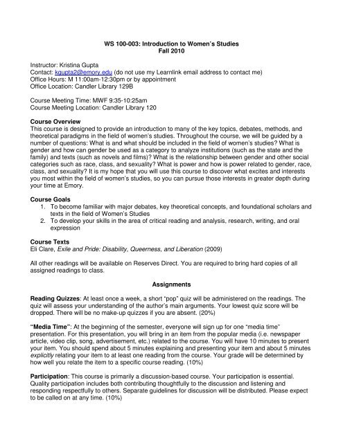Introduction to Women's Studies Syllabus - Kristina Gupta