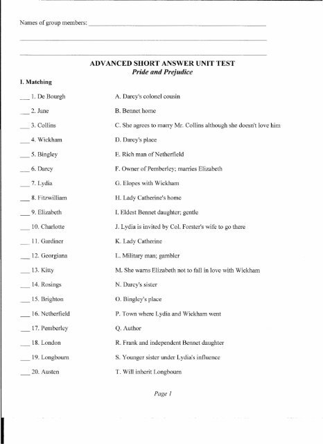 ADVANCED SHORT ANSWER UNIT TEST Pride and Prejudice