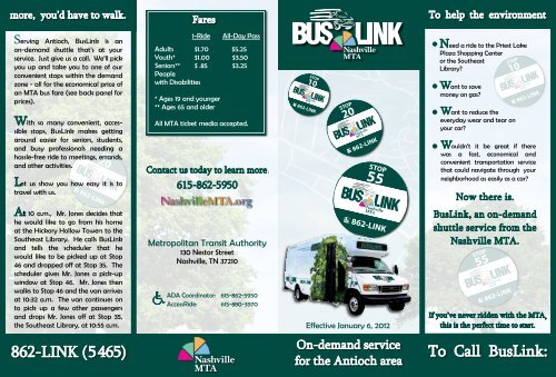 To Call BusLink: 862-LINK (5465) - Nashville MTA