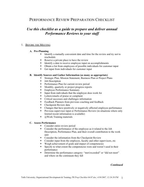 Performance Review Preparation Checklist - Tufts University