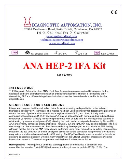 ANA HEP-2 IFA Kit - ELISA kits - Rapid tests