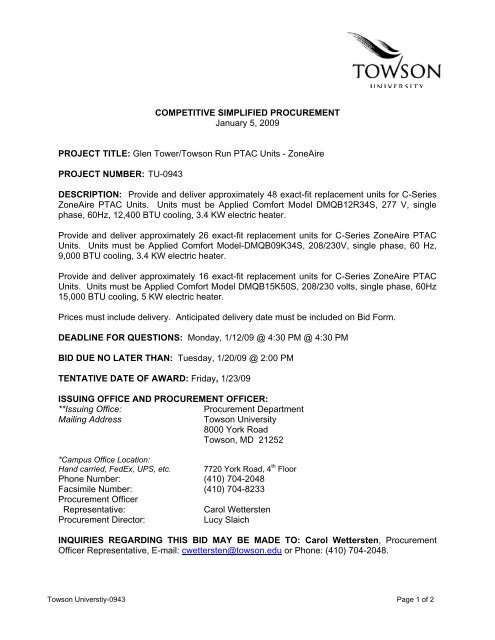 Glen Tower/Towson Run PTAC Units - ZoneAire PROJECT NUMBER