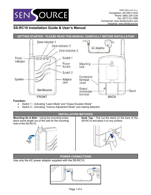 SS-RC10 Installation Guide & User's Manual - SenSource