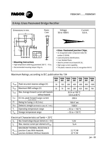8 Amp. Glass Passivated Bridge Rectifier - Datasheets