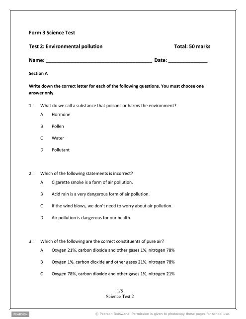 Form 3 Science Test Test 2: Environmental pollution Total ... - Pearson