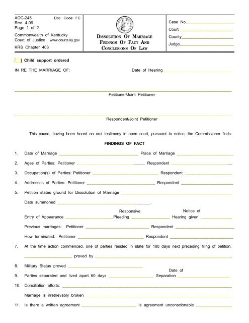 Dissolution Of Marriage Findings of Fact and Conclusions of Law